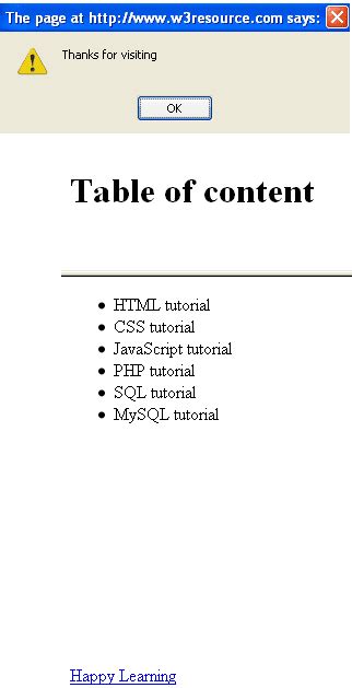 HTML onunload attribute - HTML tutorials - w3resource