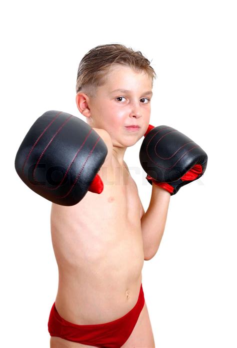Boy Boxer mit Handschuhen , wirft einen punchwHITE HINTERGRUND | Stock ...