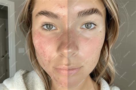 Young womans face before and after acne treatment on face close up | Premium AI-generated image