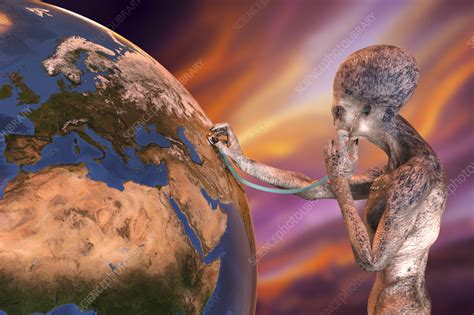 Alien with stethoscope listening to the Earth, illustration - Stock Image - F037/6227 - Science ...