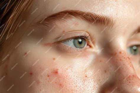 A close up of a cheek with visible inflamed spots and bumps highlighting the pores and skin ...