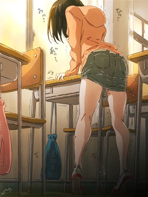 monodevil, original, highres, 1girl, artist logo, black hair, chair, classroom, crotch rub ...