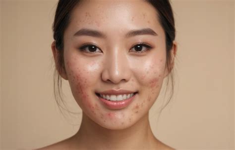 Portrait of Asian woman with acne Female model with problematic skin and pimples red acne scars ...