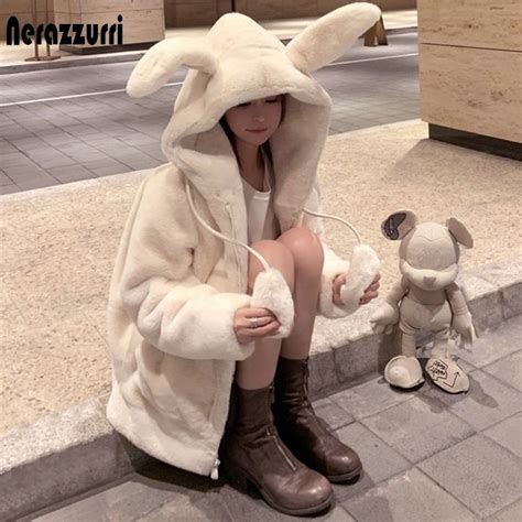 Kawaii Fluffy Bunny Ears Jacket - white color, S | Fluffy jacket, Faux ...