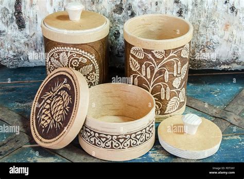 Russian traditional national products from birch bark Stock Photo - Alamy
