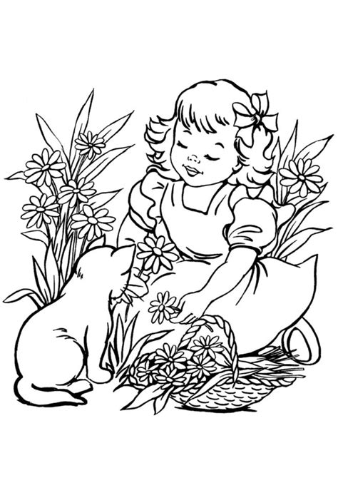 Девочка с кошкой собирают цветы - razukrashki.com | Vintage coloring ...