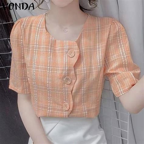VONDA 100% хлопок, женские клетчатые летние пышные рубашки с короткими ...
