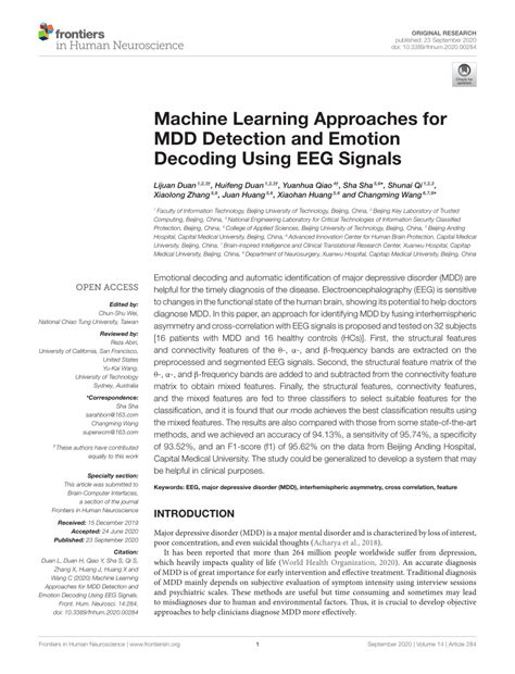 (PDF) Machine Learning Approaches for MDD Detection and Emotion Decoding Using EEG Signals