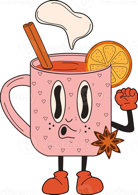 Retro-Glühwein in einer Tasse. 30er Jahre Cartoon-Maskottchen-Figur -. 40er, 50er, 60er alter ...