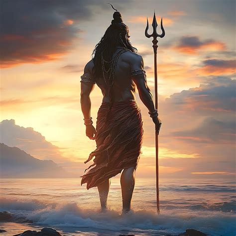 Hindu God Shiva Standing in the Ocean at Sunset | Premium AI-generated image
