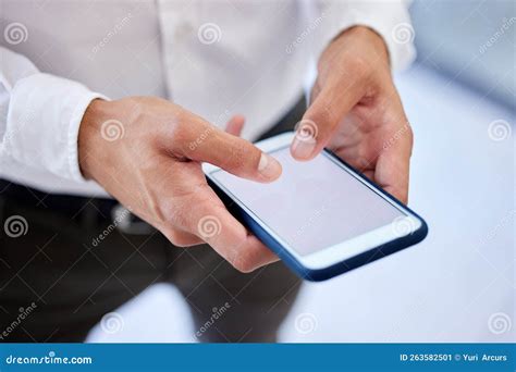 Phone Screen, Mockup Space or Social Media while Typing Hands of a Businessman in a Office. Zoom ...