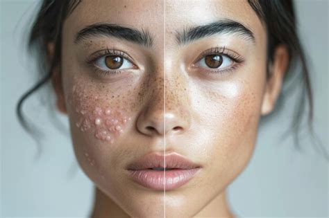 Split face closeup portrait of young mixed race woman before and after acne treatment | Premium ...