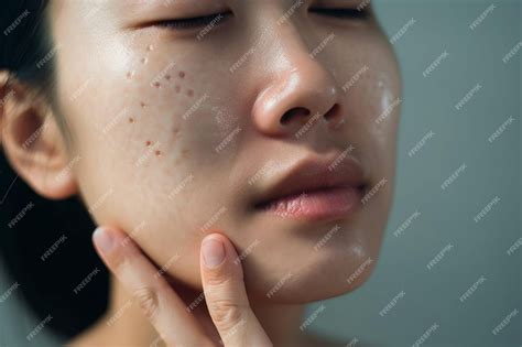 Cropped shot of asian woman having wrinkled and acne scar occur on her ...