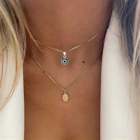 Женское двухслойное ожерелье «сглаза» с цирконом | AliExpress