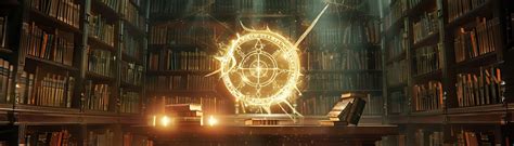 Mystical library scene with a glowing magical circle old books and shelves filled with ancient ...