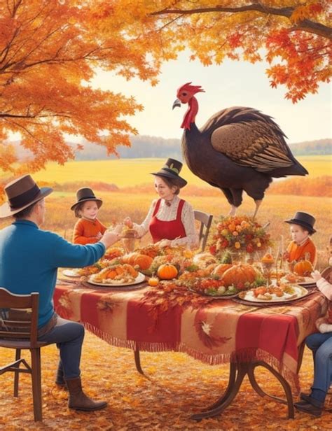 Premium Photo | A vibrant autumnal landscape with a family of turkeys gathered around a festive ...