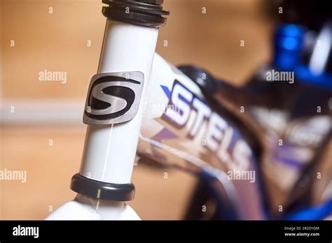 Berlin - May 2023: children bicycle Stels ergonomic Fragment of head ...