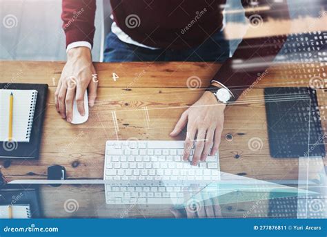 Software, Hologram and Hands at Computer for Coding, Data Analytics and Programming at Office ...